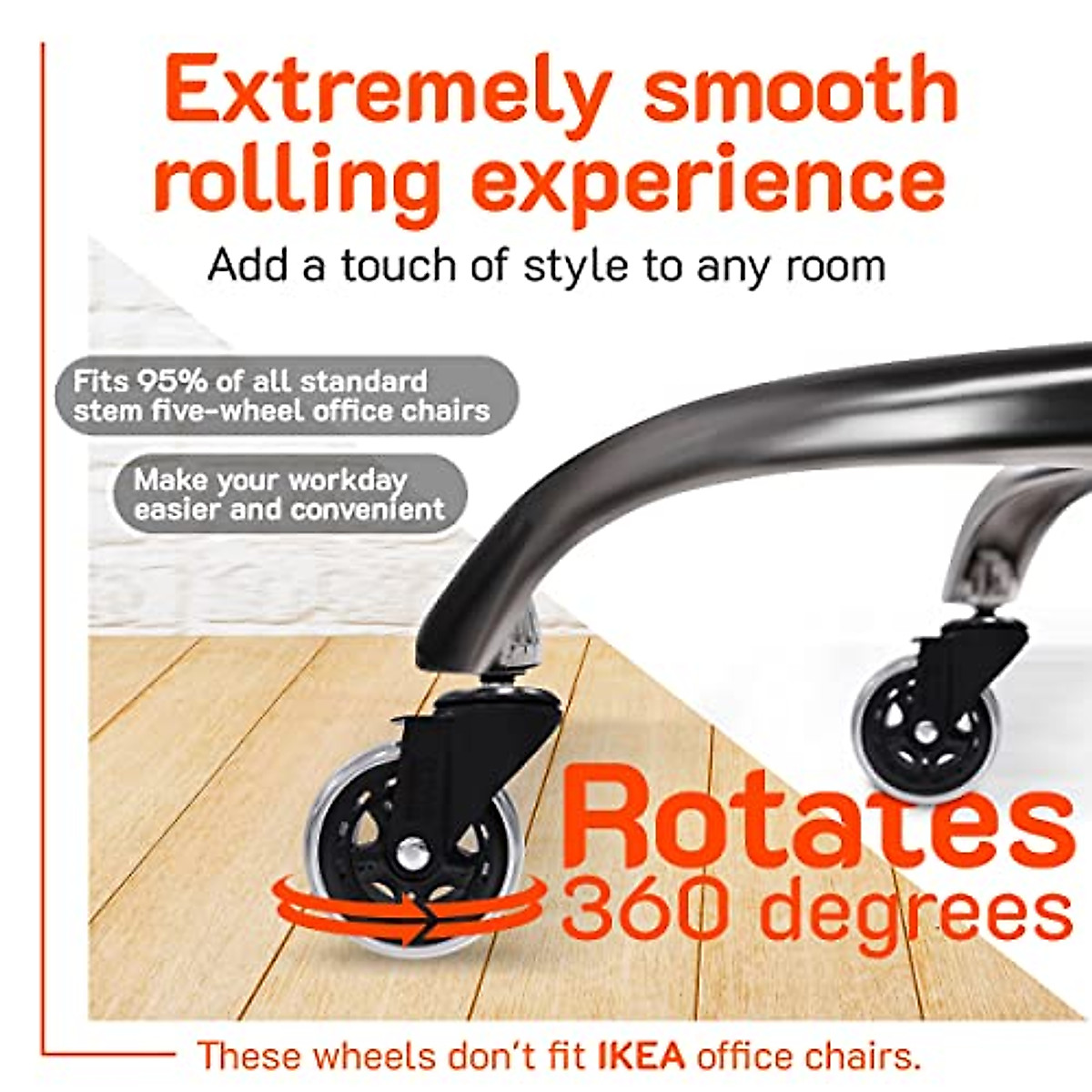 Office Chair Wheels - 98% Universal Fit Caster (3 Inch, Set of 5) Replacement Rollerblade Style Desk for Hardwood Tile Vinyl Carpet Casters