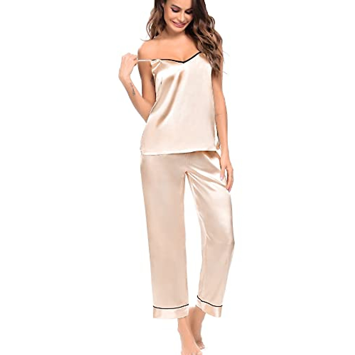 SWOMOG Womens Silk Satin Pajamas Set Two-Piece Pj Sets Cami Top and Capris Pants Sleepwear