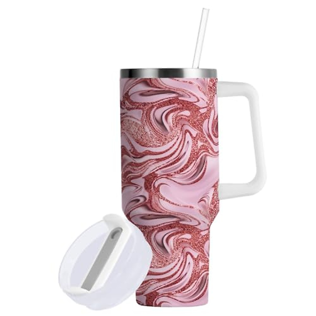 RPLIFE Elegant Abstract Marble Rose Pink Tumbler with Handle, Stainless Water Bottle, Coffee Mug with Lid