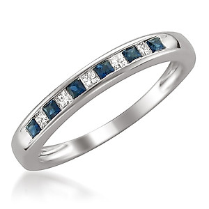 Beyond Brilliance 1/3 Carat Channel-Set Princess Cut Diamond and Blue Sapphire Wedding Band Ring in 14K White Gold (H-I, I1-I2)