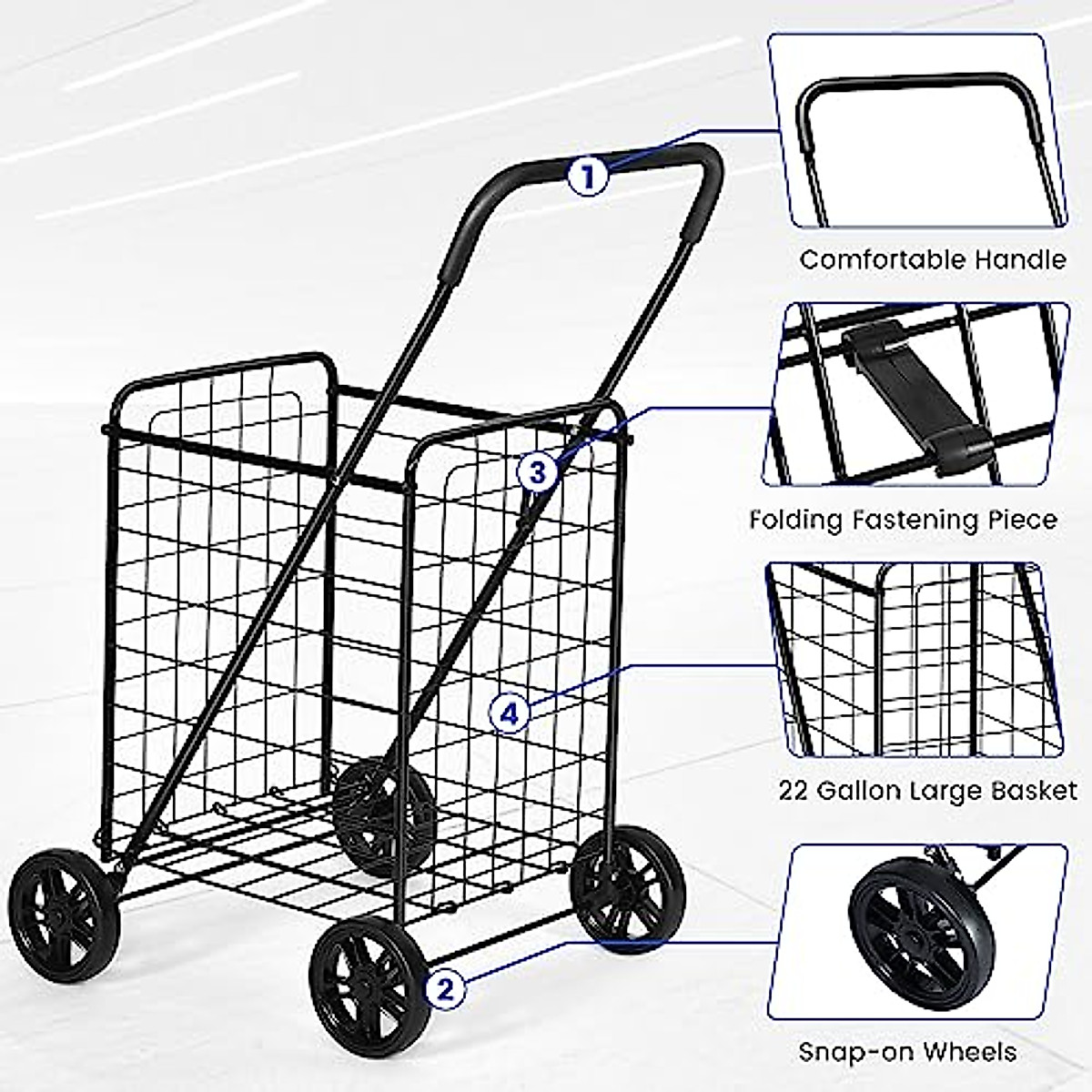 IRONMAX Grocery Shopping Cart, Foldable Heavy Duty Utility Cart w/Large Wheels for Easy Installation and Removal, Lightweight Trolley Cart for Grocery Laundry Luggage (Black)