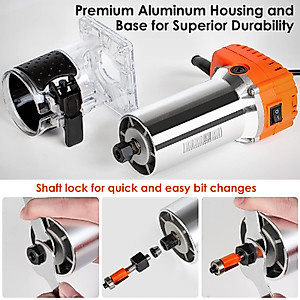 THINKWORK Compact Router, 6.5-Amp 1.25 HP Compact Wood Palm Router Tool, 6 Variable Speeds Wood Trimmer with 15 Pieces 1/4" Router Bits Set, 30000R/MIN
