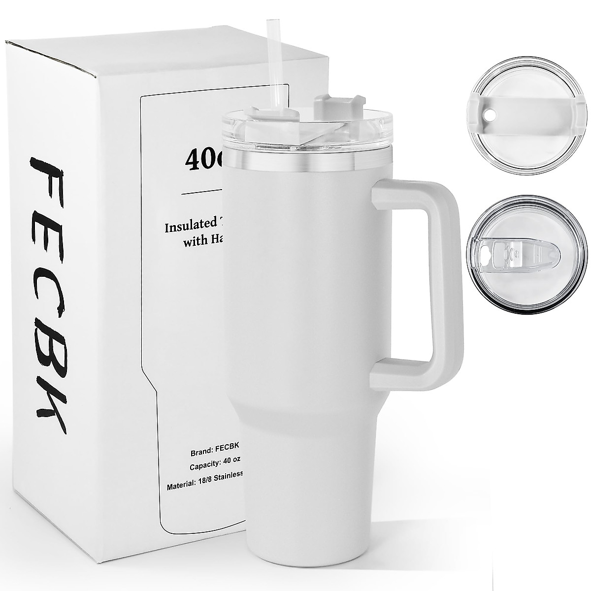 FECBK 40 oz Tumbler with Handle and Straw, 100% Leak-Proof Travel Mug, Stainless Steel Double Wall Vacuum Insulated Coffee Cup Keeps Cold For 34 Hours, Dishwasher Safe, Grey