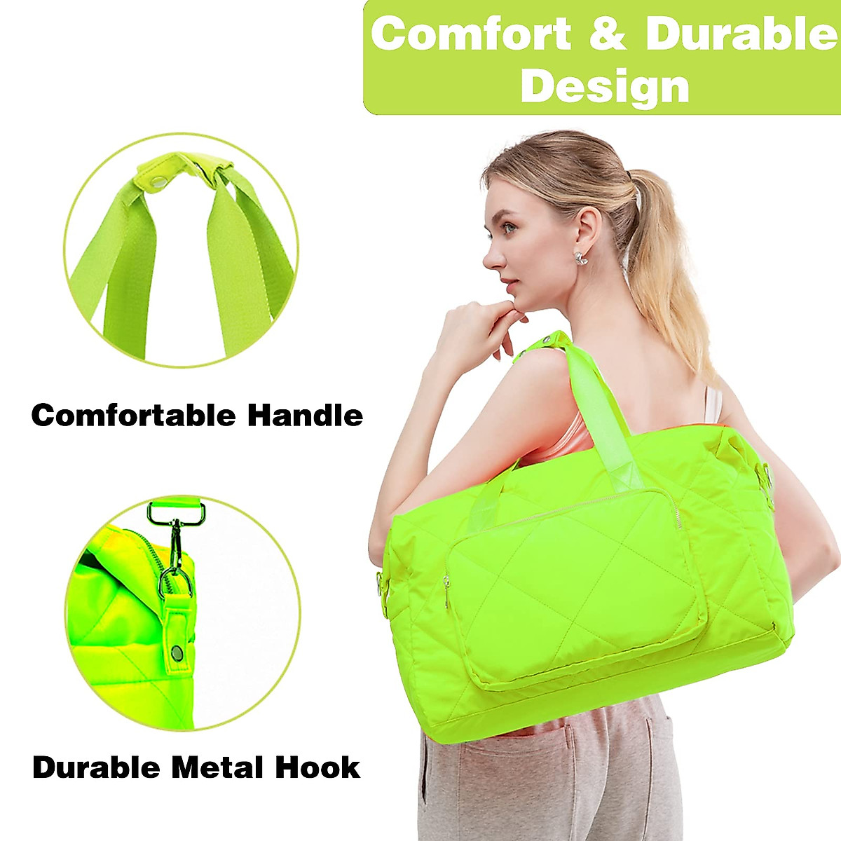 Tinzonc Sports Tote Gym Bag for Women, Travel Duffel Bag, Shoulder Weekender Overnight Bag for Women Girls Travel, Gym, Yoga (Fluorescent Green)