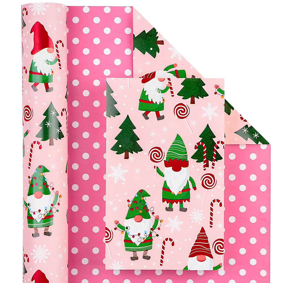 WRAPAHOLIC Reversible Christmas Wrapping Paper - Mini Roll - 17 Inch X 33 Feet - Red Green Gnome and Candy Canes, Pink and White Polka Dots Design for Holiday, Party, Celebration