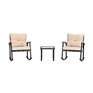 LOKATSE HOME 3 PCS Patio Bistro Furniture Outdoor Wicker Rocking Chairs Sets Armchairs with Cushion and Metal Coffee Table for Backyard Deck Lawn Garden, Khaki