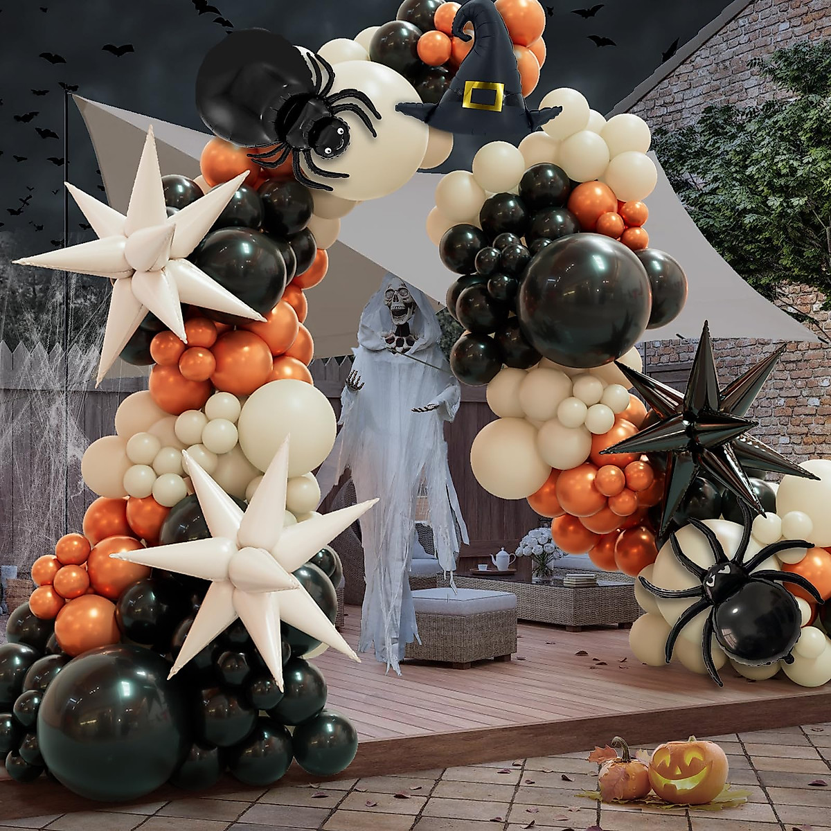 Halloween Balloon Garland Arch Kit with Spider Witch Hat Shaped Black and Milk White Exploding Star Foil Balloon Black Orange Sand White Balloons for Halloween Birthday Party Decorations