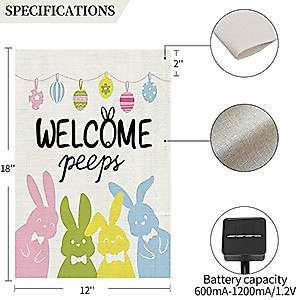 Welcome Easter Garden Flag with Lights Solar Powered Double Sided Spring Lawn Flag Welcome Peeps Rustic Farmhouse Yard Decor 12.5 x 18 Inch Solar Easter Lights Outdoor Decoration Easter Gift