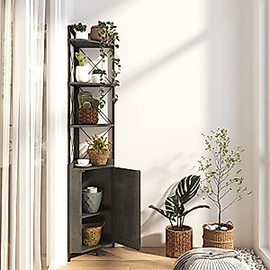 MIERES 5-Tier Standing Corner Shelf with Storage, Tall Ladder Corner Cabinet Bookshelf Bookcase with Door and Shelves, Rustic Display Plant Stand for Living Room, Bedroom, Home Office, Kitchen, Grey