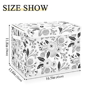 Black Grey Floral Flowers on White Storage Basket Bin with Lid, Foldable Bucket Box Closet Organizer Laundry Hamper for Home Office 16.5x12.6x11.8 in