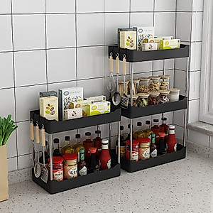 3 Tier Under Sink Organizers and Storage, Kitchen Bathroom Cabinet Organizer with Hooks,Cabinet Basket Storage Shelf,White