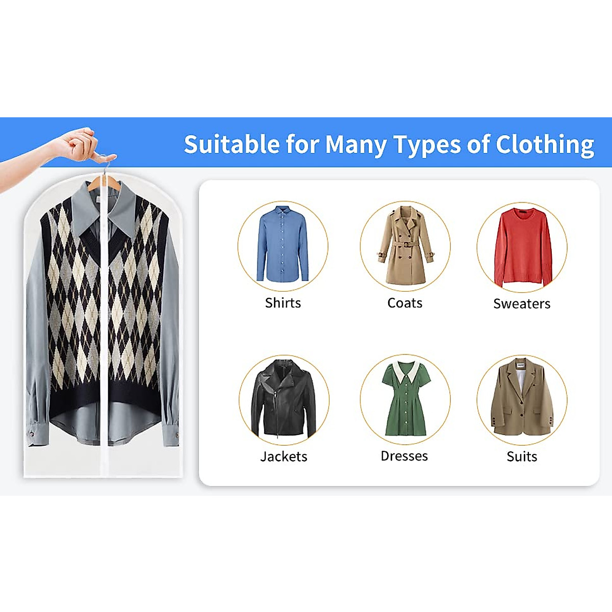 OUPAI Clear Garment Bags For Hanging Clothes, Clothes Covers Protecting Full Zipper Suit Bags PEVA Garment Cover for Closet and Cloth Storage- 24'' x 40'' /６ Pack