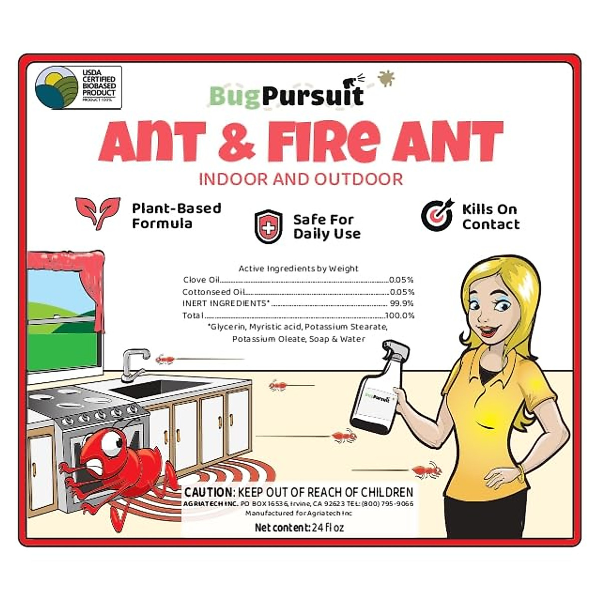 BugPursuit 24oz Ant Killer use for Indoor and Outdoor, Effective, Non-Staining, Ants,Fire Ants, and Other Insect Killer, Ant Spray Safe for Pets and Kids,Non-Toxic, 100% USDA Biobased, Made in USA