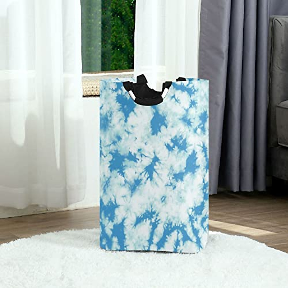 susiyo Blue White Tie Dye Laundry Hamper Collapsible Laundry Basket Organizer Storage Bin for Dorm Clothes