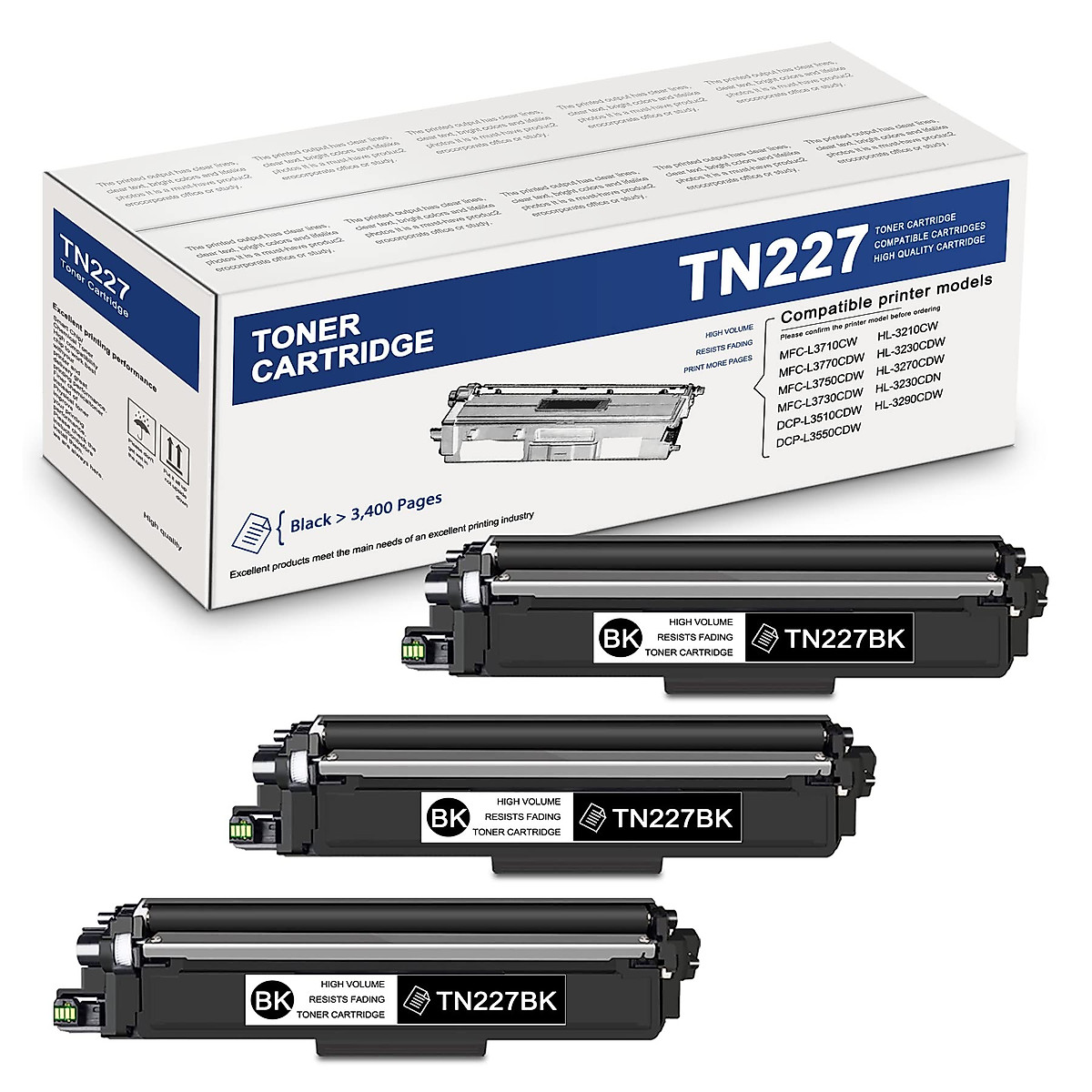 NUCALA TN-227 TN227 (3 Pack, Black) Compatible TN227BK TN-227BK Toner Cartridge Replacement for MFC-L3750CDW L3730CDW, HL-3230CDW 3270CDW 3230CDN, DCP-L3550CDW L3510CDW Printer