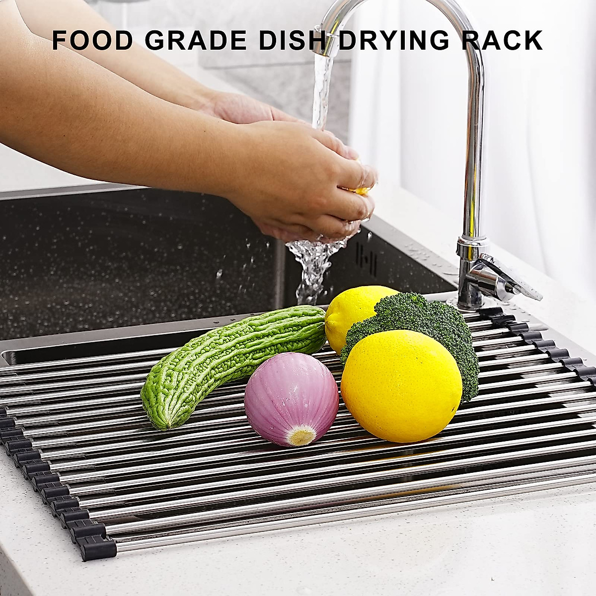 NileHome Roll Up Dish Drying Rack, Sink Drying Rack Over Sink Dish Drying Rack 304 Stainless Steel Foldable Drain Rack for Kitchen Sink Counter Utensils Vegetables and Fruits (17.5''X13.4'')，Black
