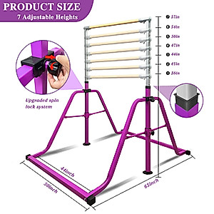 kechery Foldable & Moveable Gymnastics Horizontal Bar with Rings,3’to 5’Adjustable Height Expandable Junior Kip Bar for Home,Indoor Gym Equipment for Kids (Foldable Purple with Rings)