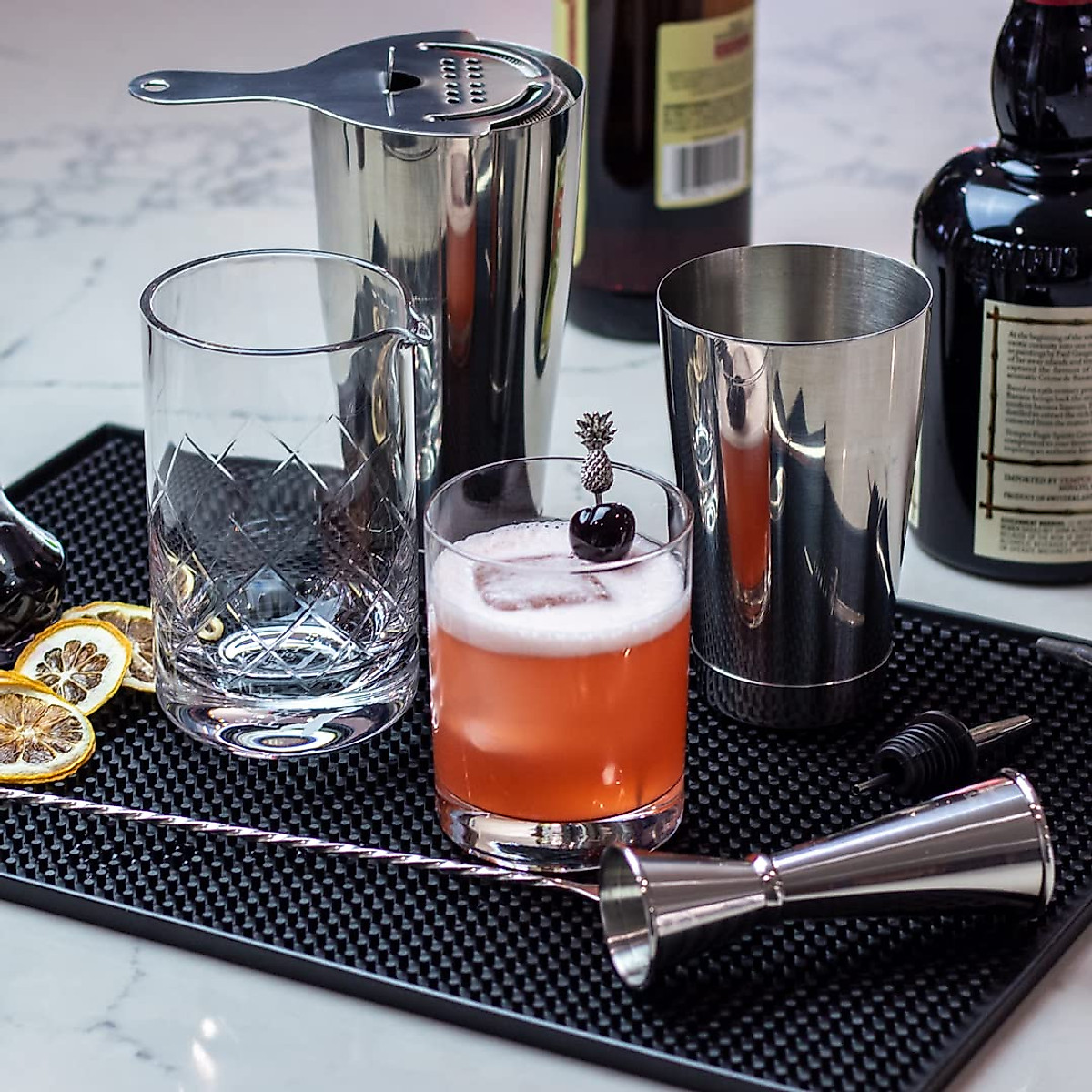 The Art of Craft Professional Bartending Set for Shaken and Stirred Drinks: Boston Cocktail Shaker, Hawthorne Strainer, Japanese Jigger, Bar Spoon and Crystal Mixing Glass