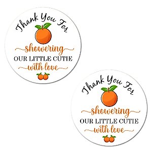 Little Cutie 40 Thank You for Showering Stickers, 2 Inch Big Round Glossy Labels, Clementines Theme for Baby Shower, Birthday, Great for Party Favors, Tags, Games and Supplies. Made in USA