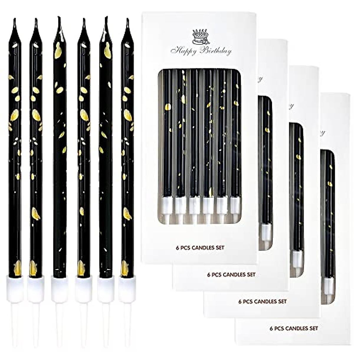 APLUSELECTION 24 Count Black Gold Long Thin Birthday Candles for Cake, Black Cake Candles Decoration for Birthday Parties, Wedding Decorations, Party Candles