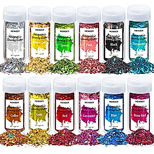 HEMOER Holographic Chunky Glitter, 12 Colors Chunky Glitter Sparkle Sequins, Cosmetic Craft Glitter Set for Epoxy Resin, Body, Face, Nail, Slime, Wedding Festival Party Decoration - 0.42oz Each Bottle