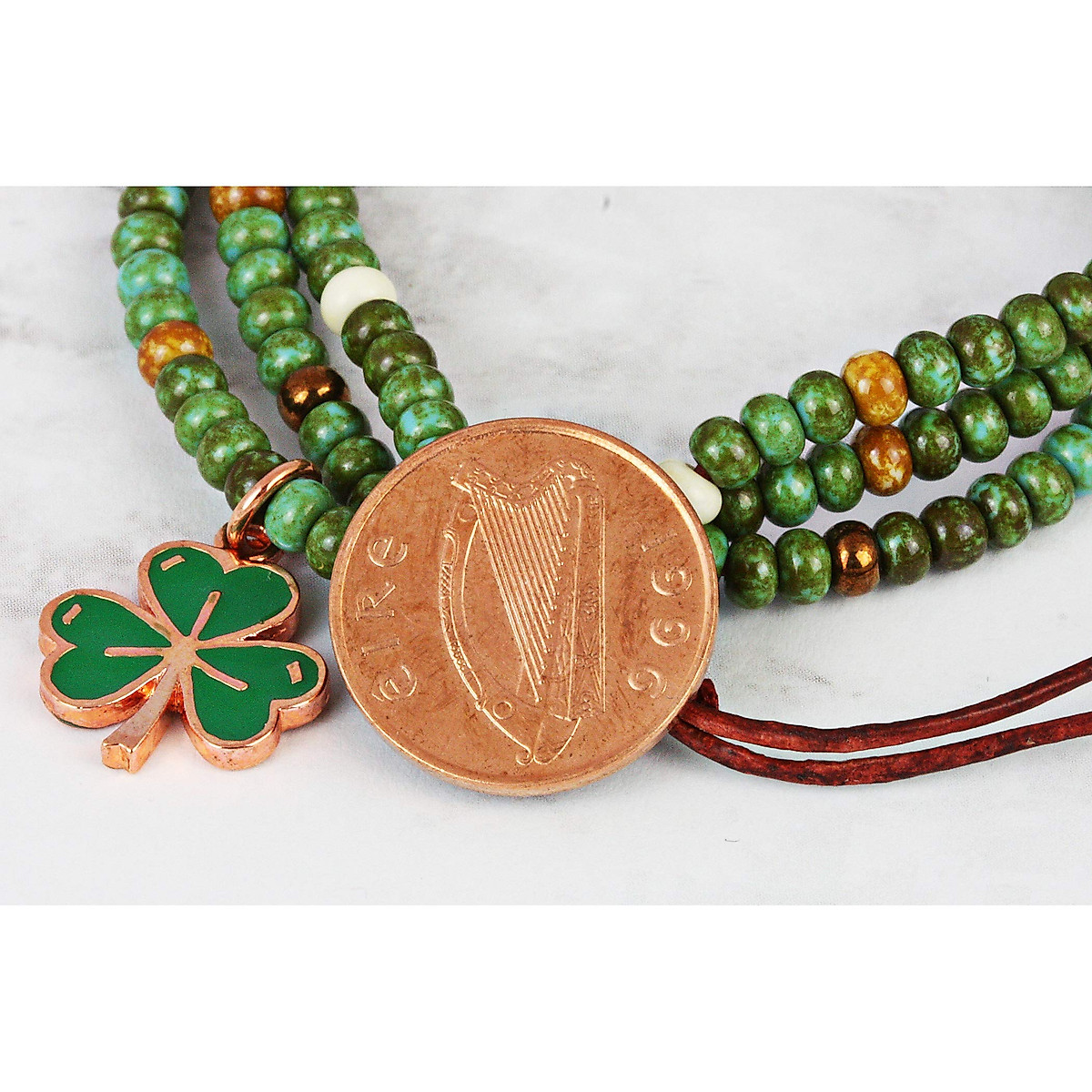 American Coin Treasures Irish Penny Multi Strand Bracelet | Leather and Czech Glass Beads | Genuine Coin | One Size Adjustable |Women's Fashion Jewelry