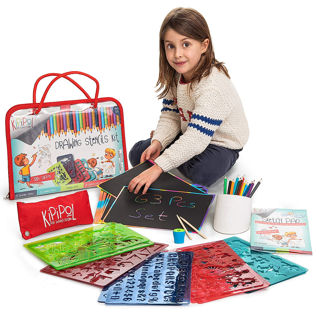 Kipipol 63 Pcs Drawing Stencils for Kids Ages 4-8 - 8-12 and Up - Arts and Crafts for Girls and Boys - Kids Drawing kit - Art Set- 15 Art Stencils, 260+ Designs -Scratch Art- Creativity Gifts & Toys