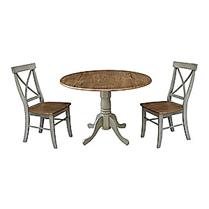 IC International Concepts 42" Dual Drop Leaf Table with 2 X-Back Chairs-Set of 3 Pieces Dining Sets, Distressed Hickory/Stone