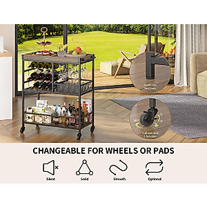 Gizoon 3 Tier 38" Home Bar Serving Cart with Large Storage Space, Mobile Kitchen Storage Trolley with Lockable Wheels, 12 Wine Rack, Glass Holder, Removable Tray (Gray)