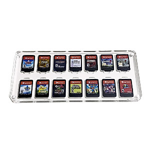 X-Richmen 14 in 1 Game Card Case for Nintendo Switch Acrylic Storage Box Transparent Display Cabinet of Switch Game Card Cartridge, Gift Box of Mario Mushroom Red and Blue Thumb Grip 2PCS