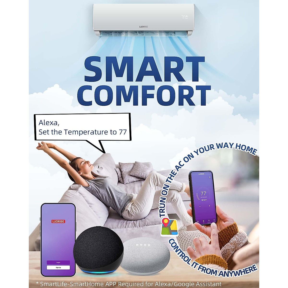 LUORISE 12000 BTU WiFi Mini Split AC/Heating System, Ductless Air Conditioner, 19 SEER2 Energy Efficient Inverter AC, Cools Up to 550 Sq.Ft, Pre-Charged Heat Pump & 16.4ft Installation Kits, 115V