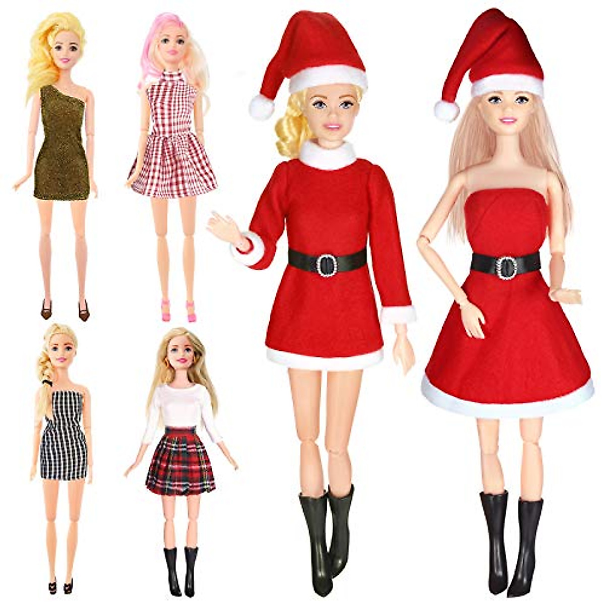 Cholung 6 Sets Christmas Doll Dresses with 2 Pairs Black Boots 11.5 Inch to 12 Inch Doll Christmas Clothes Sets Christmas Doll Dresses Suits for Little Girl