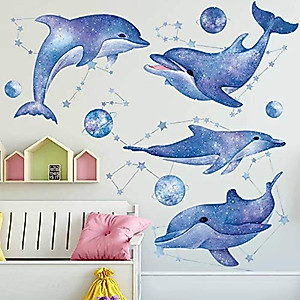 Ocean World Wall Stickers, 3D Blue Dolphin 3D Shark Broken Wall Stickers Tropical Fish DIY Wall Decals Art Decor for Kids Boys Bedroom Playroom (Dark Blue)
