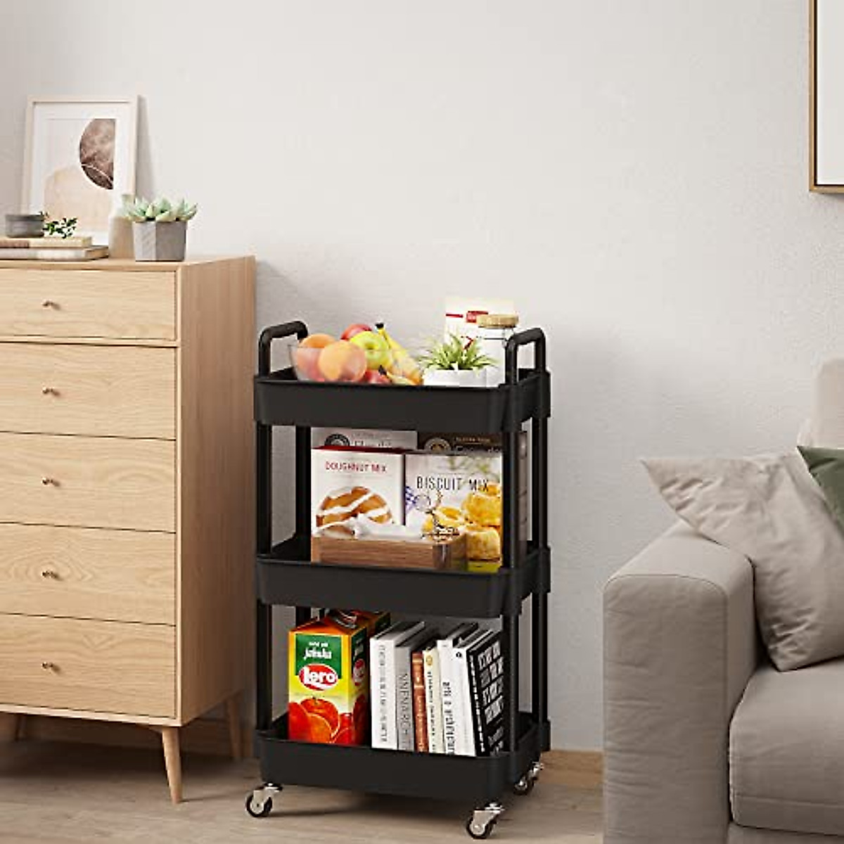 Buzowruil 3-Tier Utility Rolling Plastic Storage Cart Trolley with Lockable Wheels,Multifunctional Storage Shelves for Kitchen Living Room Office,Black