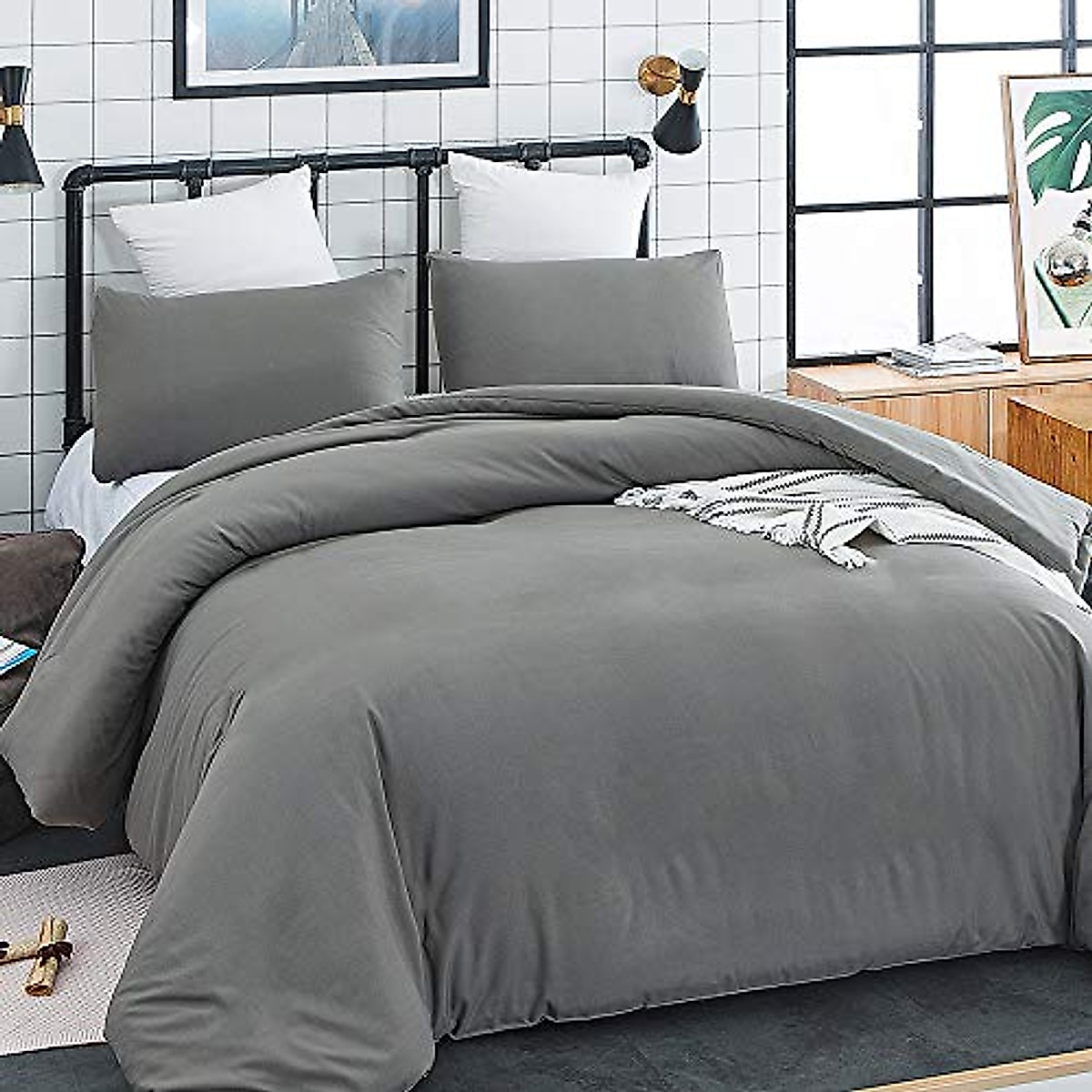 CLOTHKNOW Grey Comforter Sets Queen Dark Gray Bedding Comforter Sets Mens Boys Comforter Charcoal Comforter Queen Sets Dark Gray Bed Comforter Queen for Queen Bed Comforter 3Pcs Gray Queen Comforter