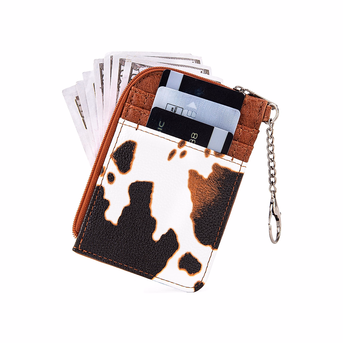 Montana West Wrangler Brown Cow Print Credit Card Holder Cute Keychain Wallet Small Wallets Woman with A Zipper Pocket Thin Slim & Minmalist WG102-W005BR