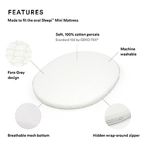 Stokke Sleepi Mini Fitted Sheet, Fans Grey - Soft Sheets for Sweet Dreams - Made for The Oval Sleepi Mini Mattress - Safe, Stylish & Washable - 100% Fine Cotton Percale