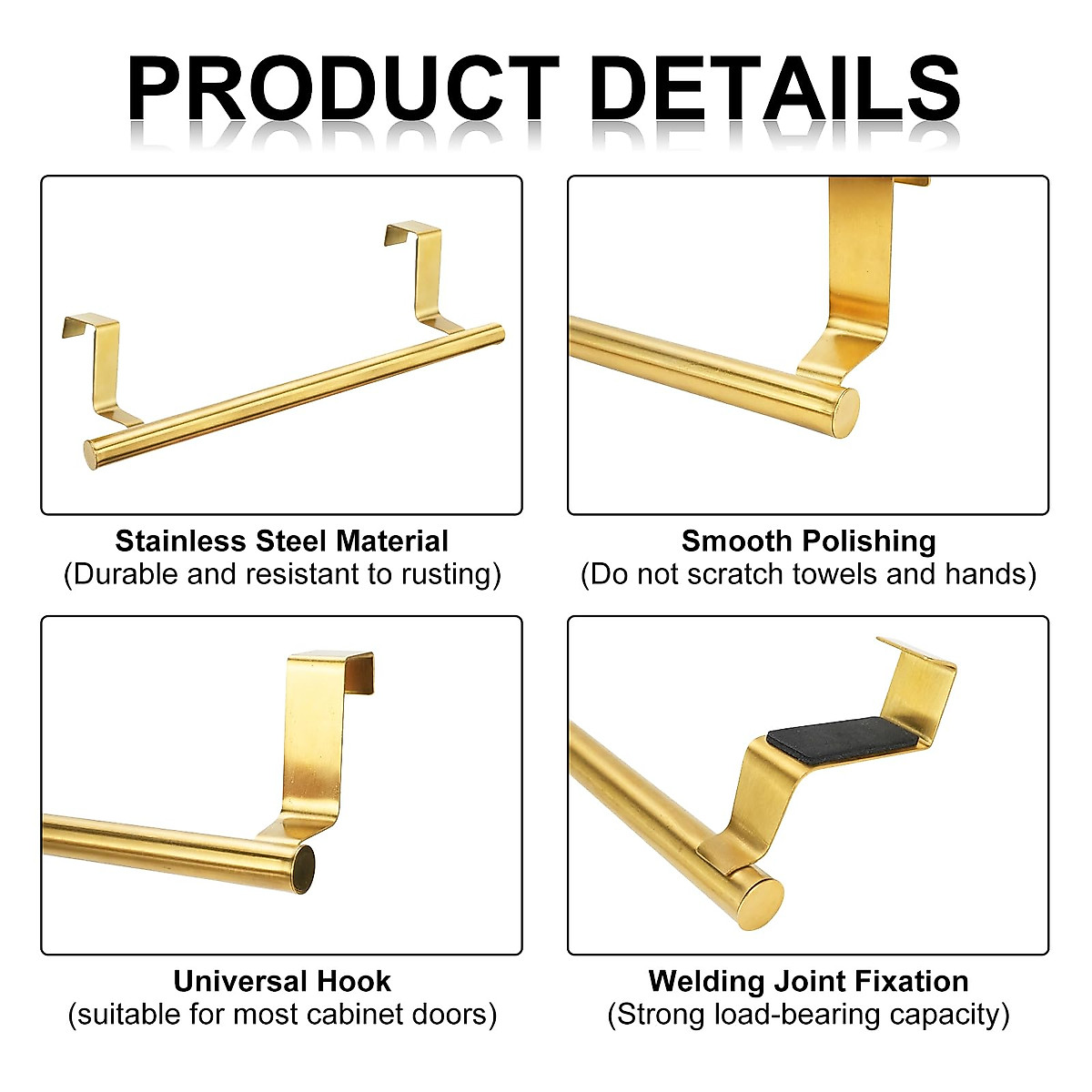 RETON 3 PCS Over Door Towel Rack, 9 Inch Stainless Steel Cabinet Towel Hanger Towel Bar Holders, Kitchen Towel Holder with Anti-Slip Pads, No Drilling (Gold)