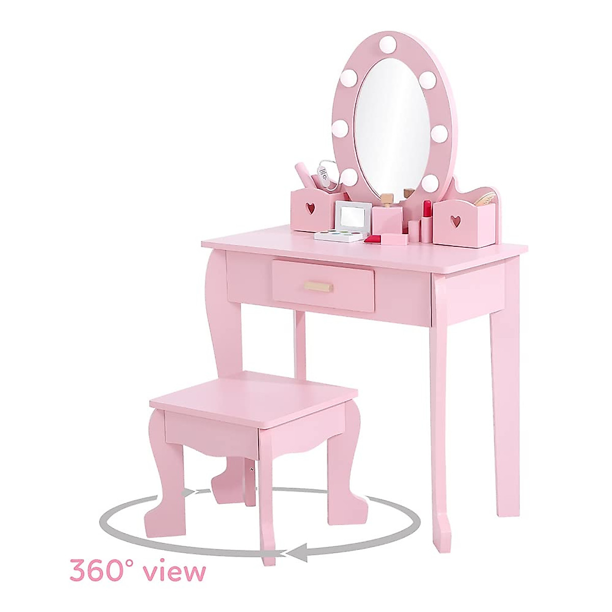 ShiningLove Kids Vanity Set with Mirror,Kids Vanity Table and Chair Set Girls' Makeup Dressing Table with Lights & Wood Makeup Playset for Age 4-9 Years