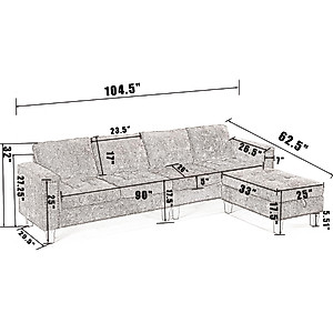 Ball & Cast 104.5" L Shaped Sectional Couch with Storage Ottoman, Chenille Upholstered 5 Seat Modular Sofa with Reversible Chaise for Living Room, Easy Assembly, Gray