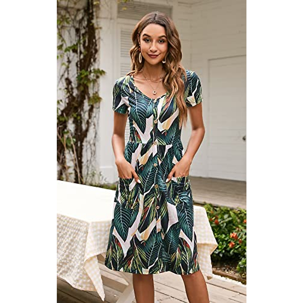 OUGES Casual Summer Short Sleeve V Neck Hawaiian Tropical Dresses 2025 Button Up Midi Dress for Women with Pockets(Green Floral08,M)