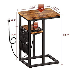 SUPERJARE C Shaped End Table with Charging Station, Side Table with Storage Bag, Couch Table, C Table with USB Port and Outlet, for Living Room, Bed Room, Set of 2, Rustic Brown