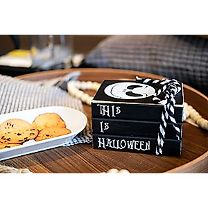 LIVDUCOT Mini Black Halloween Tiered Tray Decor Wood Decorative Book Stack-5x4x3" Rustic Farmhouse Fake Wooden Books for Home Table Decorations Nightmare Before Christmas & This is Halloween Sign