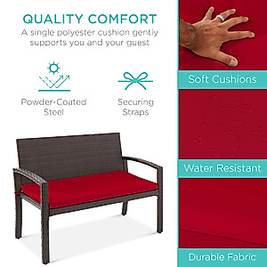 Best Choice Products Outdoor Bench 2-Person Wicker Garden Patio Benches Seating Furniture for Backyard, Porch w/Seat Cushion, 700lb Capacity - Brown/Red
