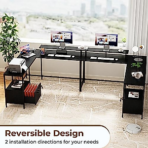 PRAISUN L Shaped Office Desk with LED Lights and Power Outlets, Reversible Computer Desk with File Cabinet and Monitor Shelves, Home Office Desk, Corner Gaming Desk, Black