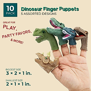 10 Pack Dinosaur Finger Puppets for Kids and Family, Dino Toys for Toddlers Party Favors (5 Designs)