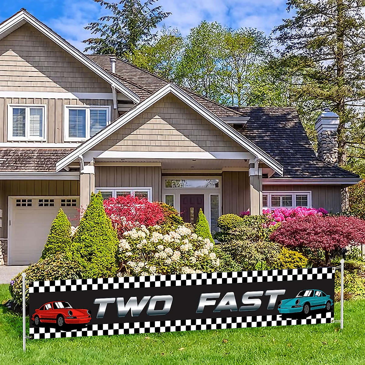 Black And White Two Fast Large Banner Sign Backdrop,Happy 2nd Birthday Party Banner,Happy 2 Years Old Birthday Party Decor,Checkerboard 2 Years Old Banner 9.8x1.6ft