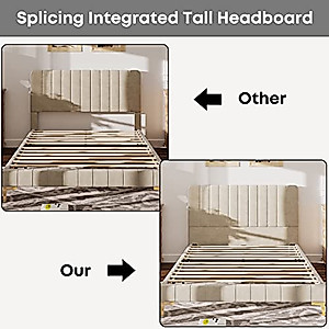 LIKIMIO Full Size Bed Frame, Platform Bed Full with Upholstered Headboard and Strong Metal/Wood Supports, Easy Assembly, Noise-Free, No Box Spring Needed, Beige