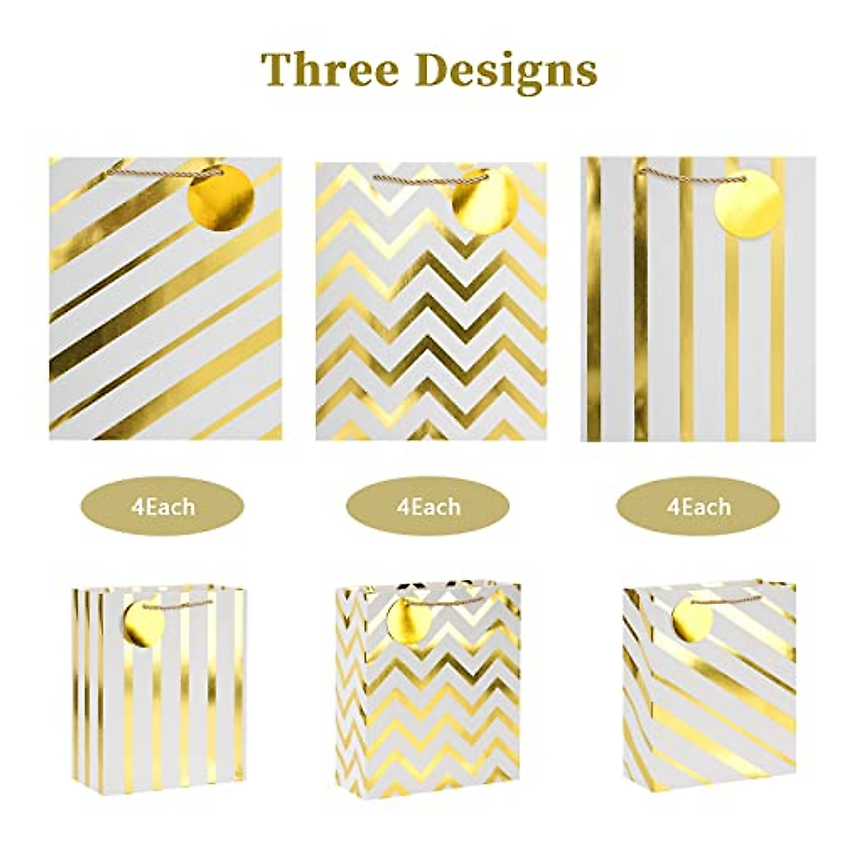 Swedin 12 Pcs Gold Gift Bags Bulk, Medium Size Gift Bags with Handles, Trendy Gift Wrap Totes with Chevron, Stripe Pattern for Birthdays, Party Favors, Holidays, Christmas-10" x 8.3" x 4"