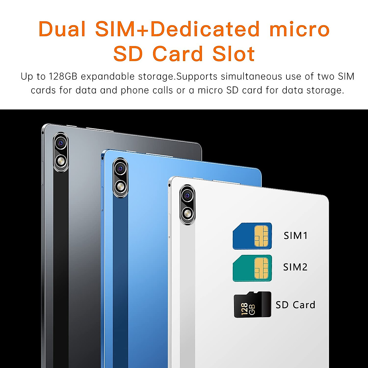 10.1 inch MA11 Tablet, 4+32G Full Screen Tablets with Dual SIM Card Slots, Android 8, 1280x800 HD, WiFi, Bluetooth, GPS, 2MP/5MP Camera (Black)